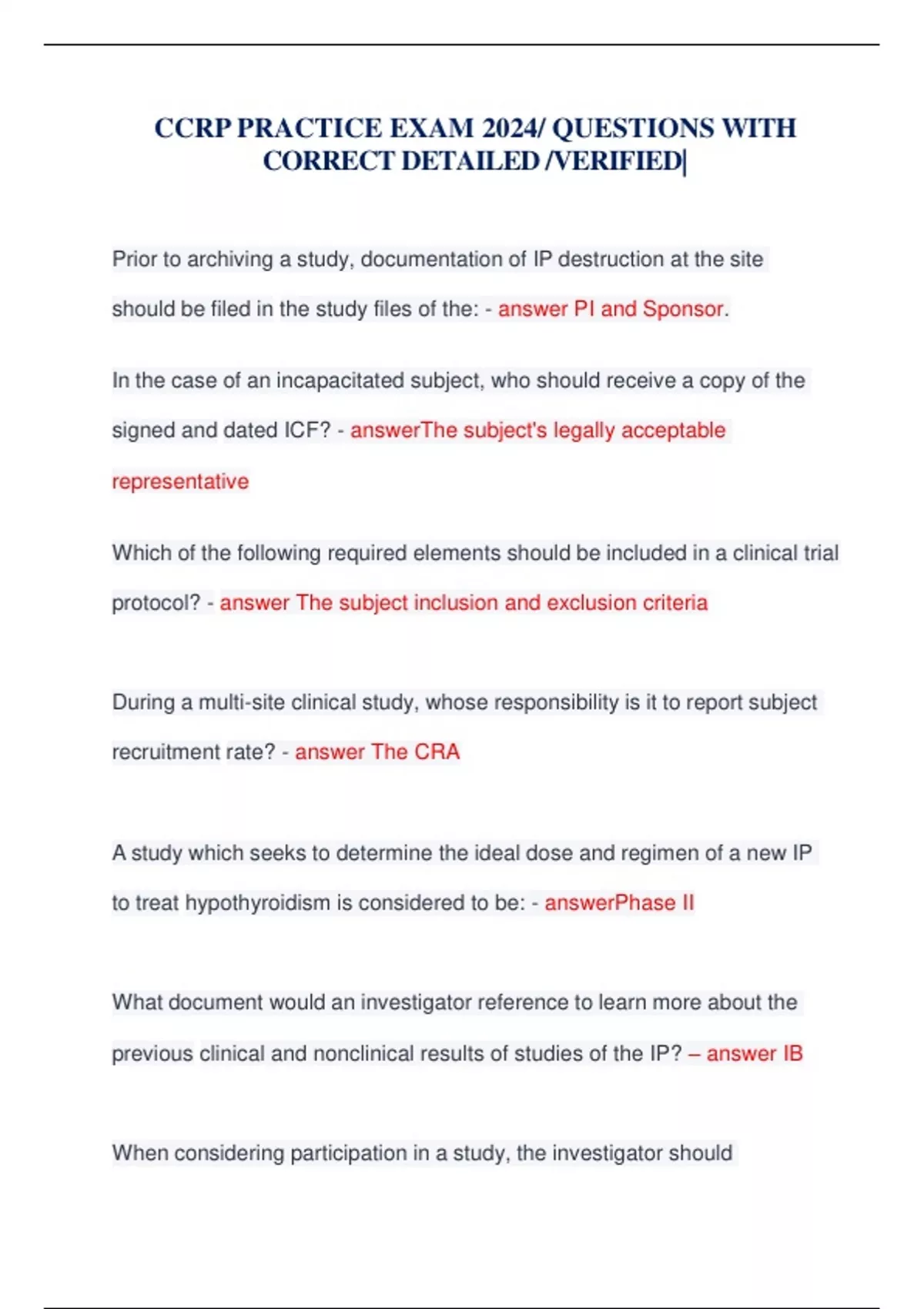 CCRP PRACTICE EXAM 2024/ QUESTIONS WITH CORRECT DETAILED /VERIFIED ...