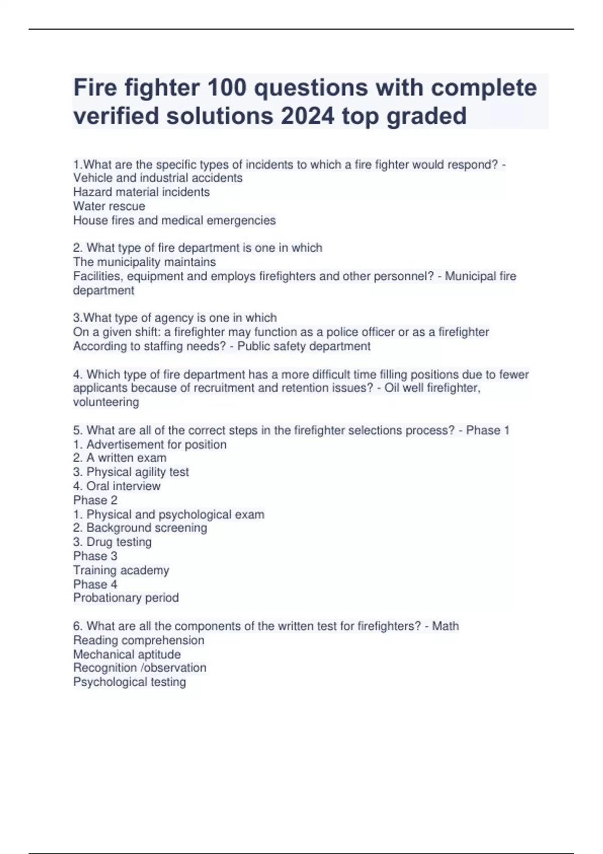 Fire fighter 100 questions with complete verified solutions 2024 top ...