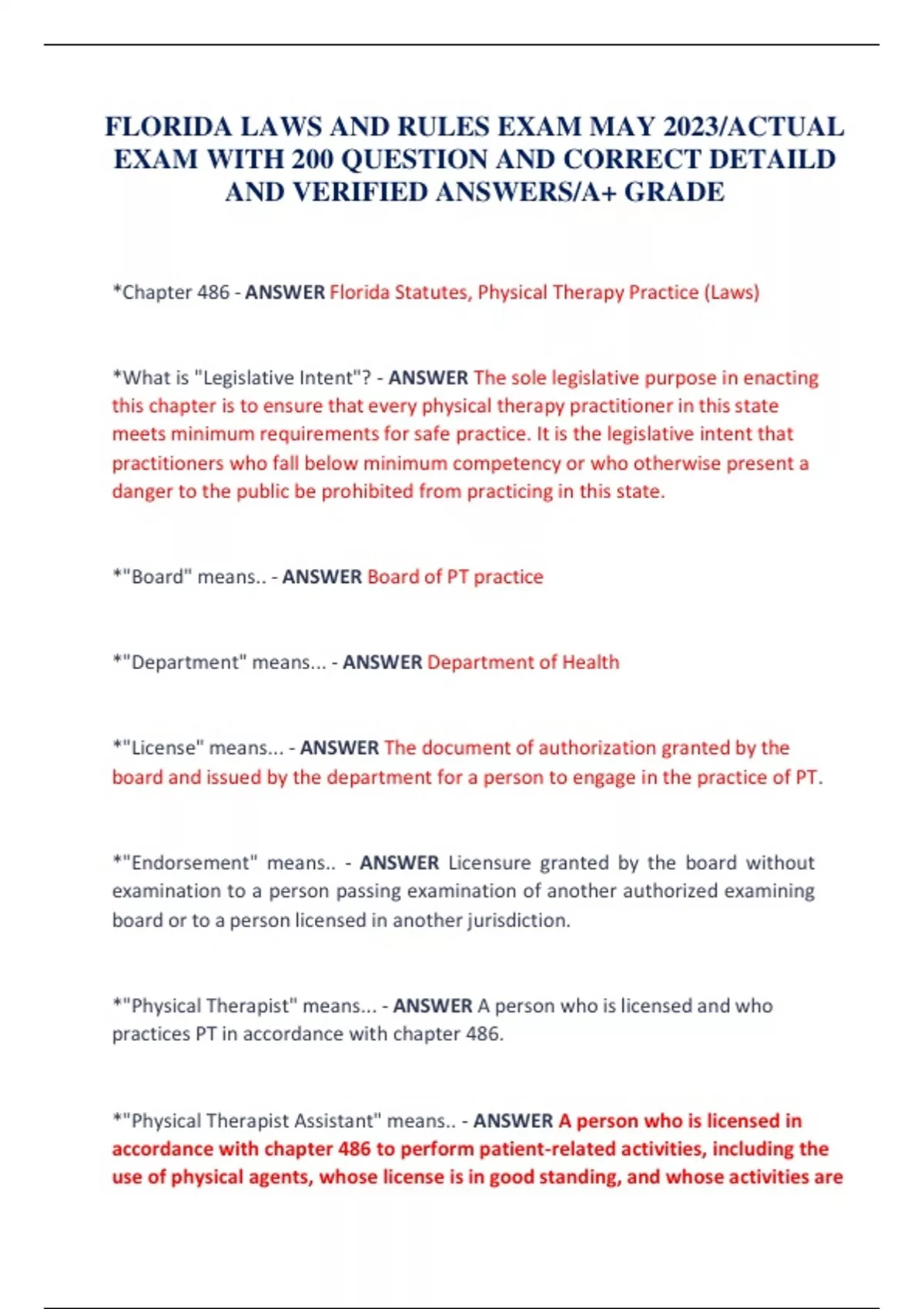 FLORIDA LAWS AND RULES EXAM MAY 2023/ACTUAL EXAM WITH 200 QUESTION AND ...