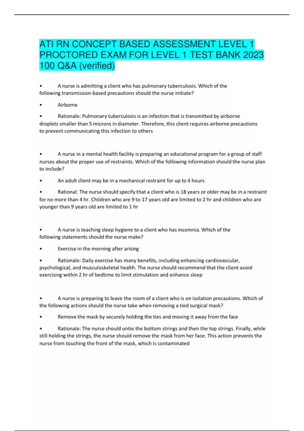 ATI RN CONCEPT BASED ASSESSMENT LEVEL 1 & ATI MUSCULOSKELETAL SYSTEM ...
