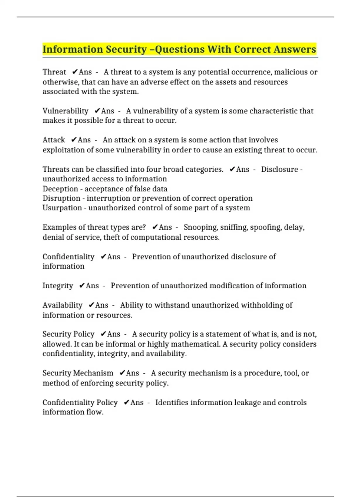 Information Security Questions With Correct Answers Information Security Stuvia