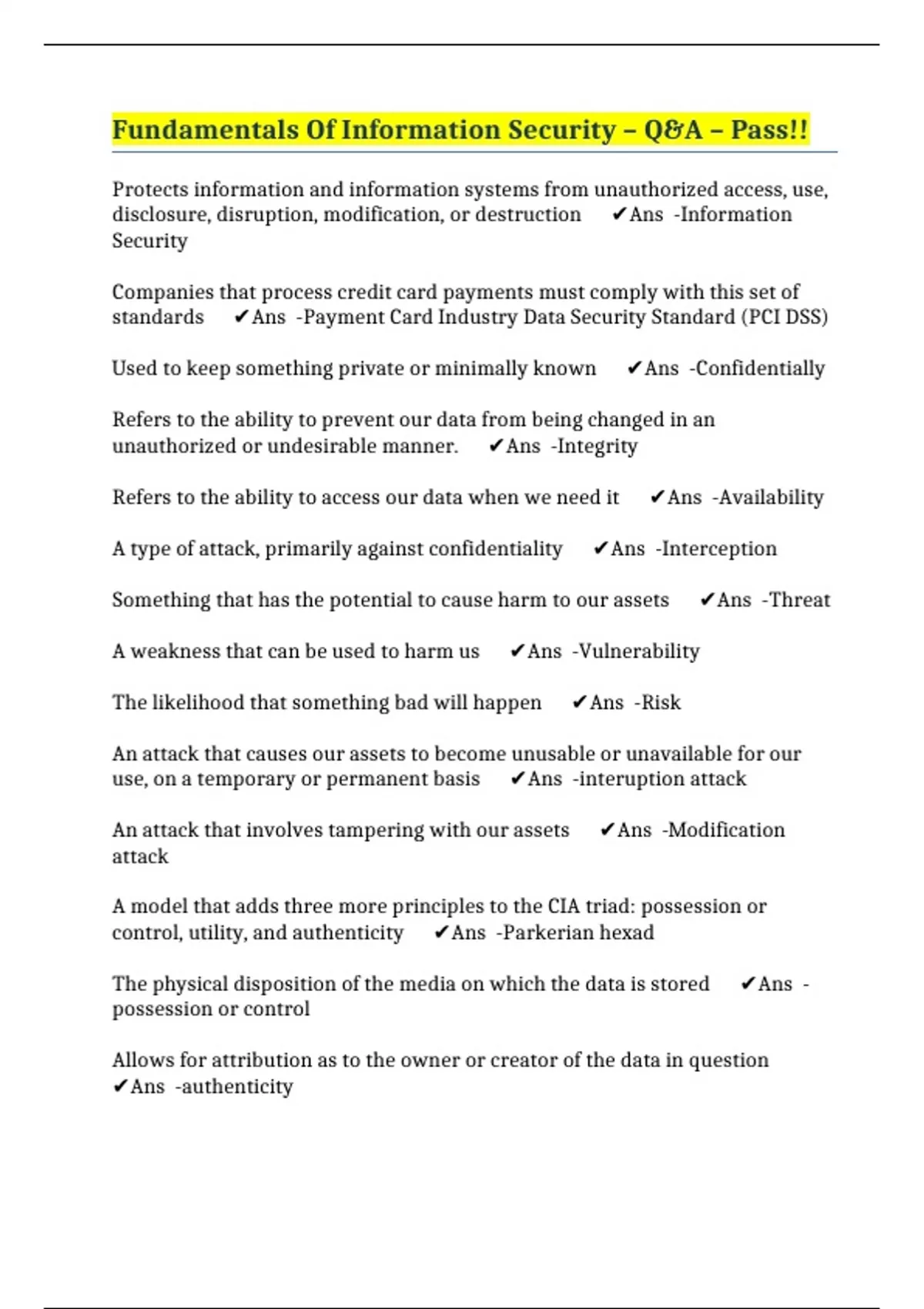 Fundamentals Of Information Security – Q&A – Pass!! - INFORMATION ...