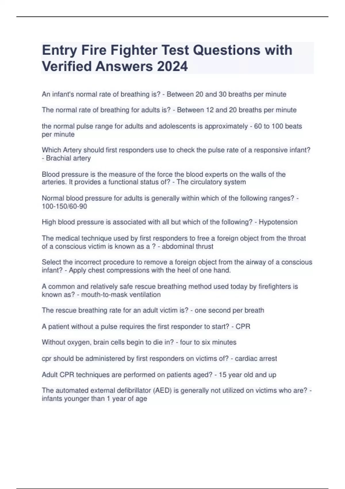 Entry Fire Fighter Test Questions with Verified Answers 2024 - Entry ...