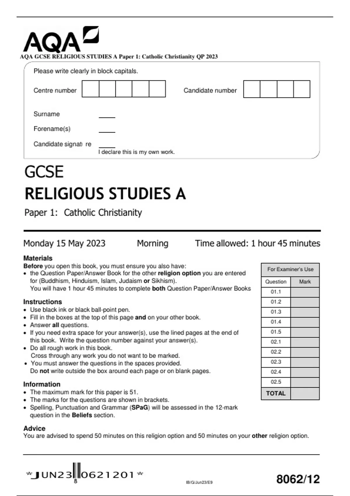 AQA GCSE RELIGIOUS STUDIES A Paper 1: Catholic Christianity QP and MS ...