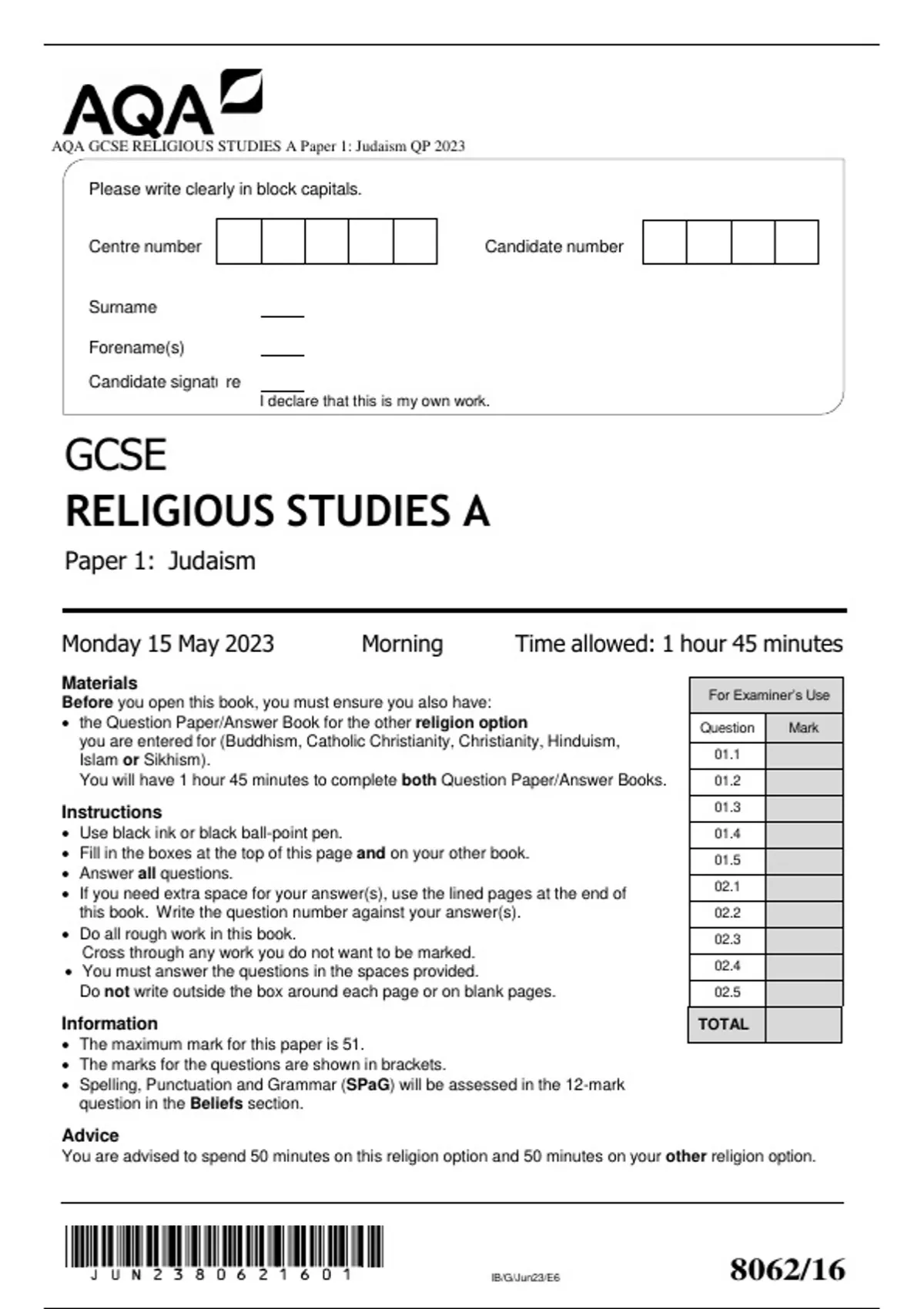 AQA GCSE RELIGIOUS STUDIES A Paper 1: Judaism QP and MS 2023 - Stuvia US
