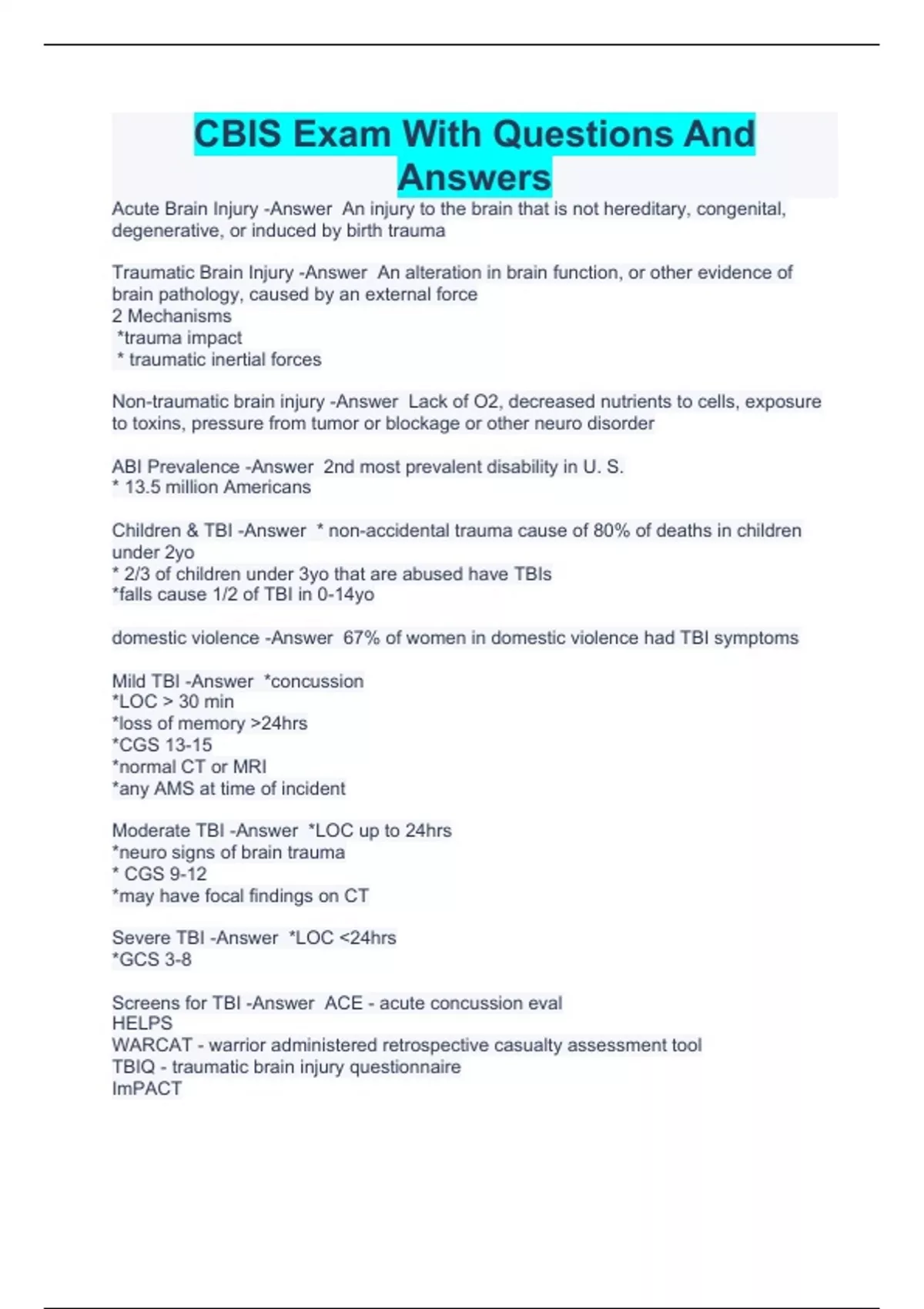 CBIS Exam With Questions And Answers - CBIS - Stuvia US