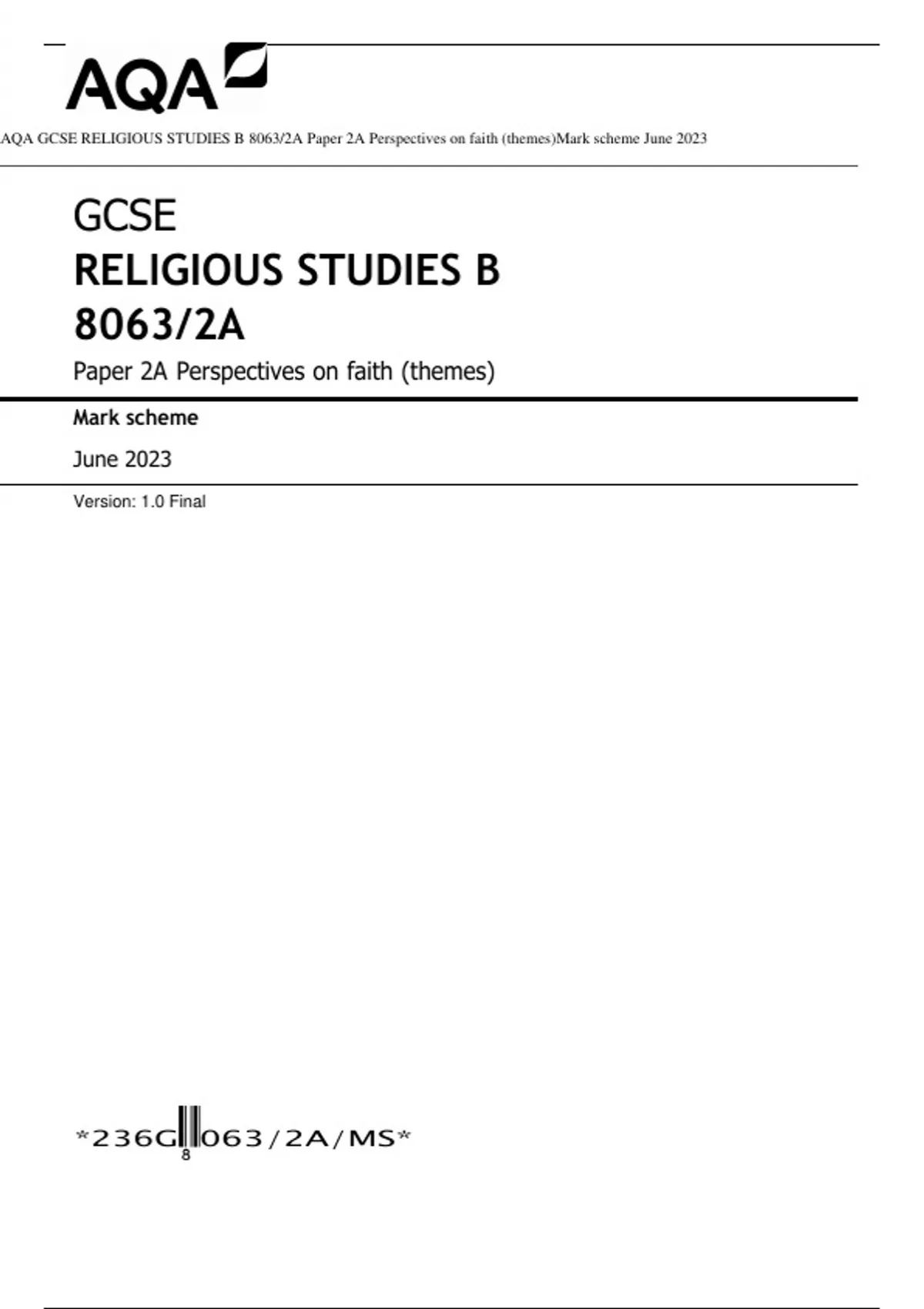 AQA GCSE RELIGIOUS STUDIES B 8063/2A Paper 2A Perspectives on faith ...