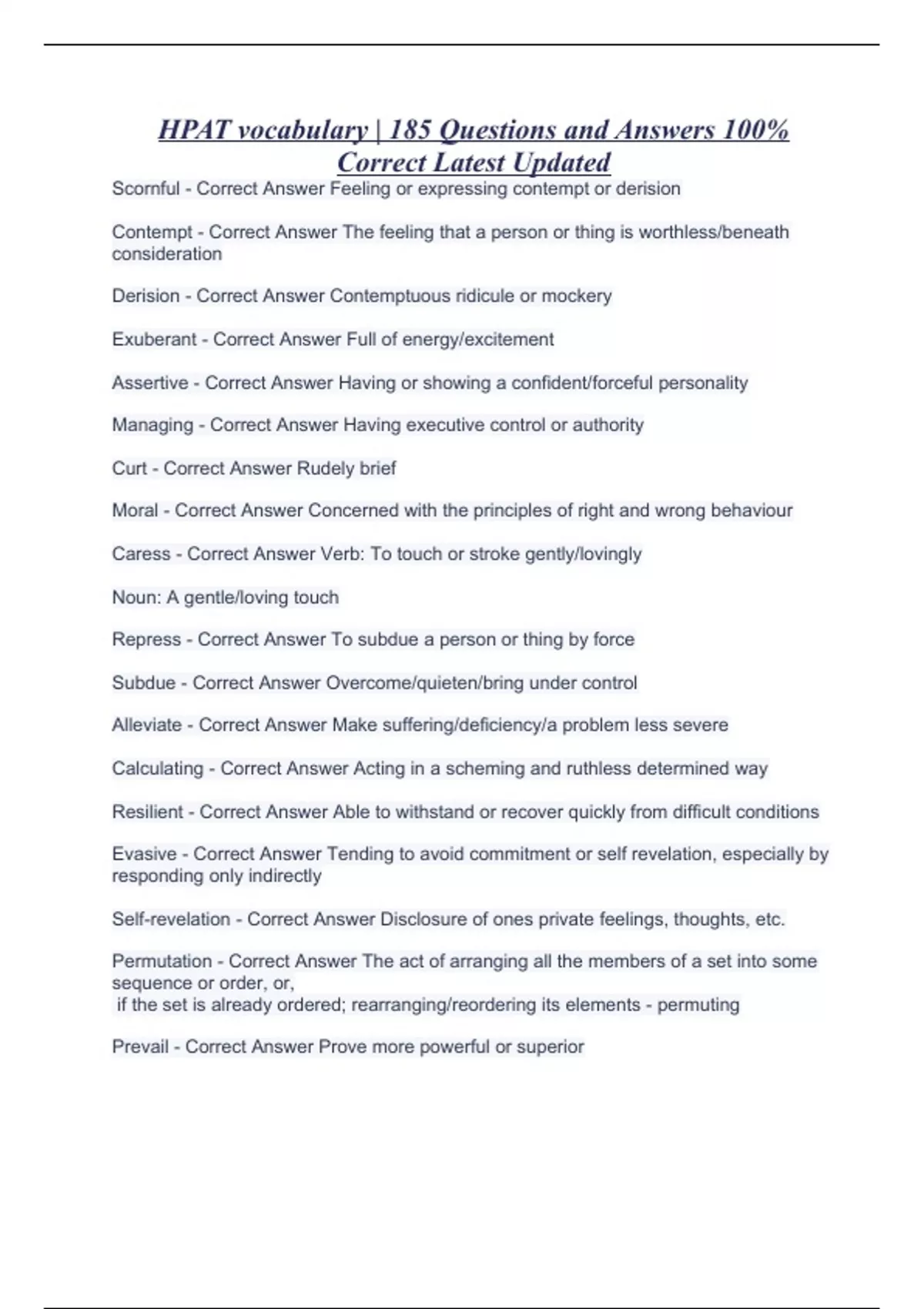 HPAT vocabulary | 185 Questions and Answers 100% Correct Latest Updated ...