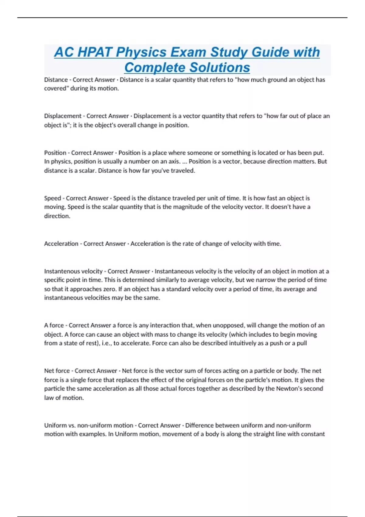 AC HPAT Physics Exam Study Guide with Complete Solutions - AC HPAT - Stuvia US