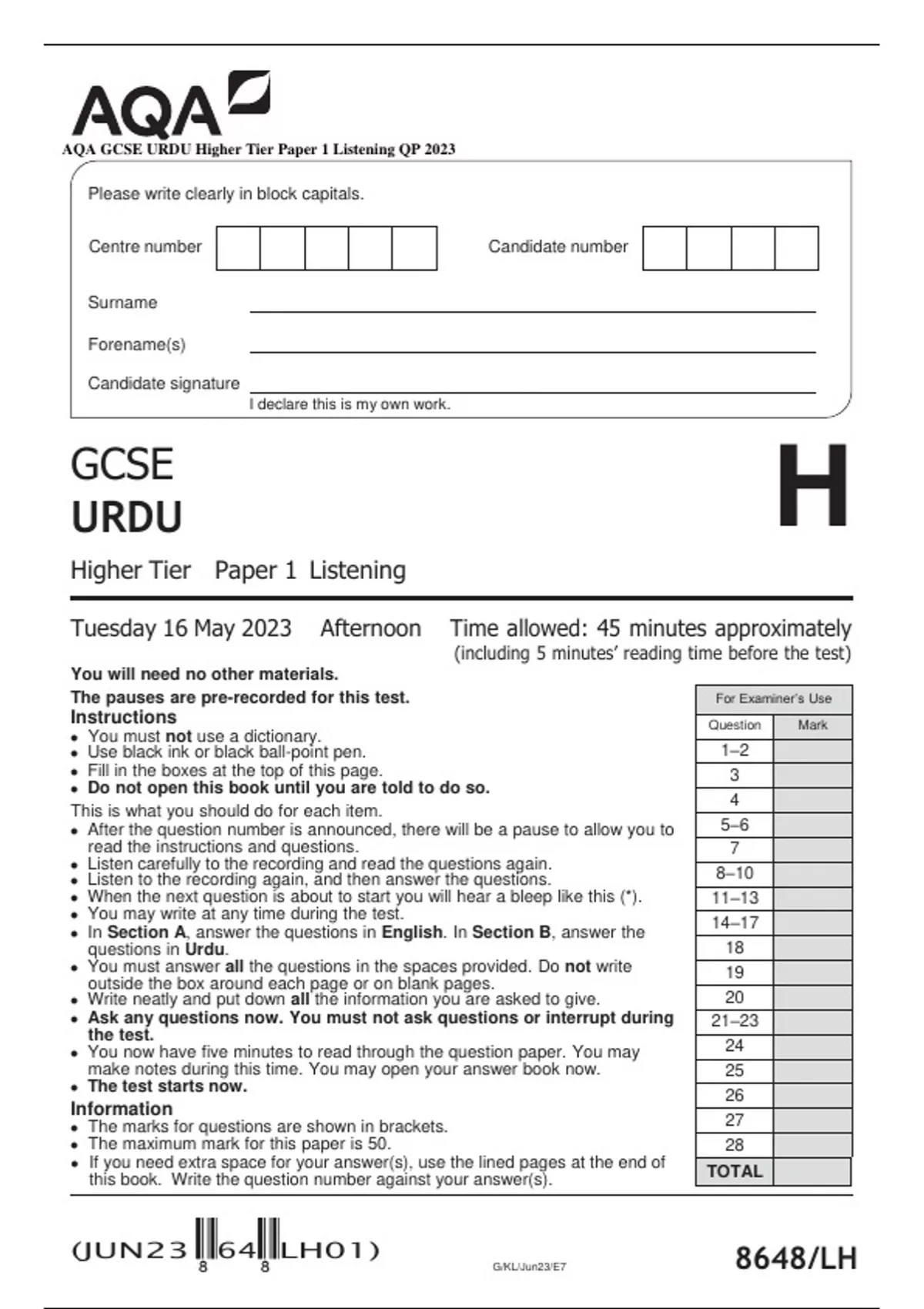 AQA GCSE URDU Higher Tier Paper 1 Listening QP 2023 - AQA - Stuvia US
