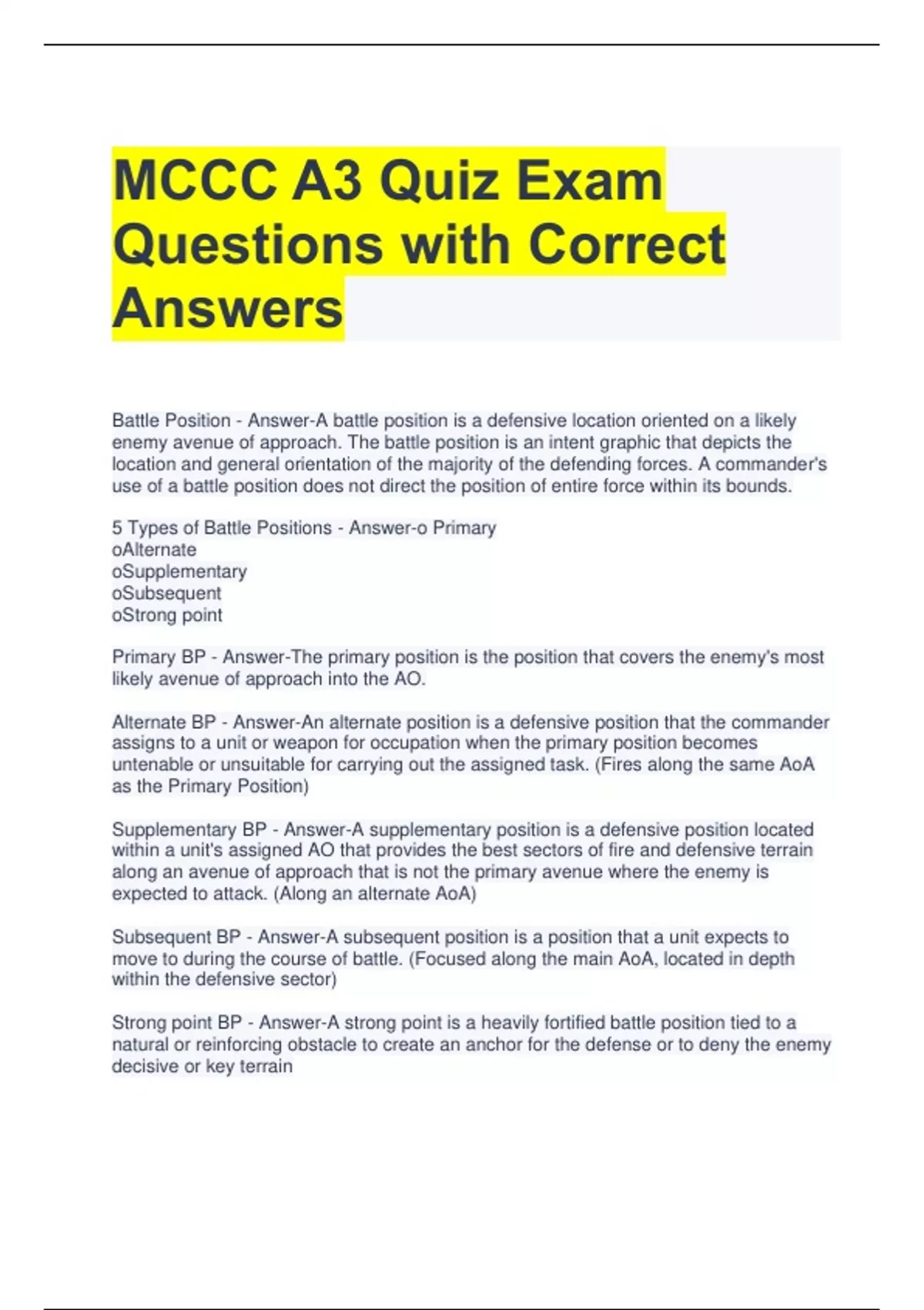 MCCC A3 Quiz Exam Questions with Correct Answers - MCCC - Stuvia US
