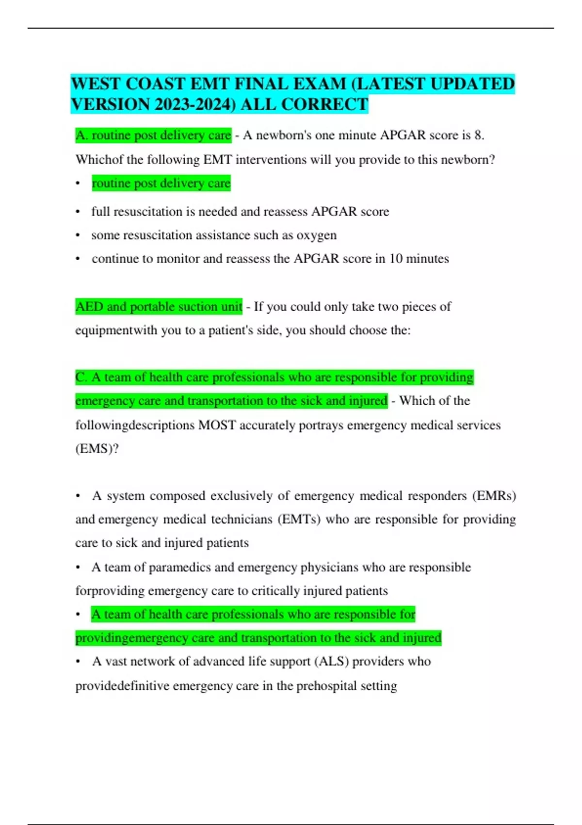 WEST COAST EMT FINAL EXAM (LATEST UPDATED VERSION ) ALL CORRECT - West ...
