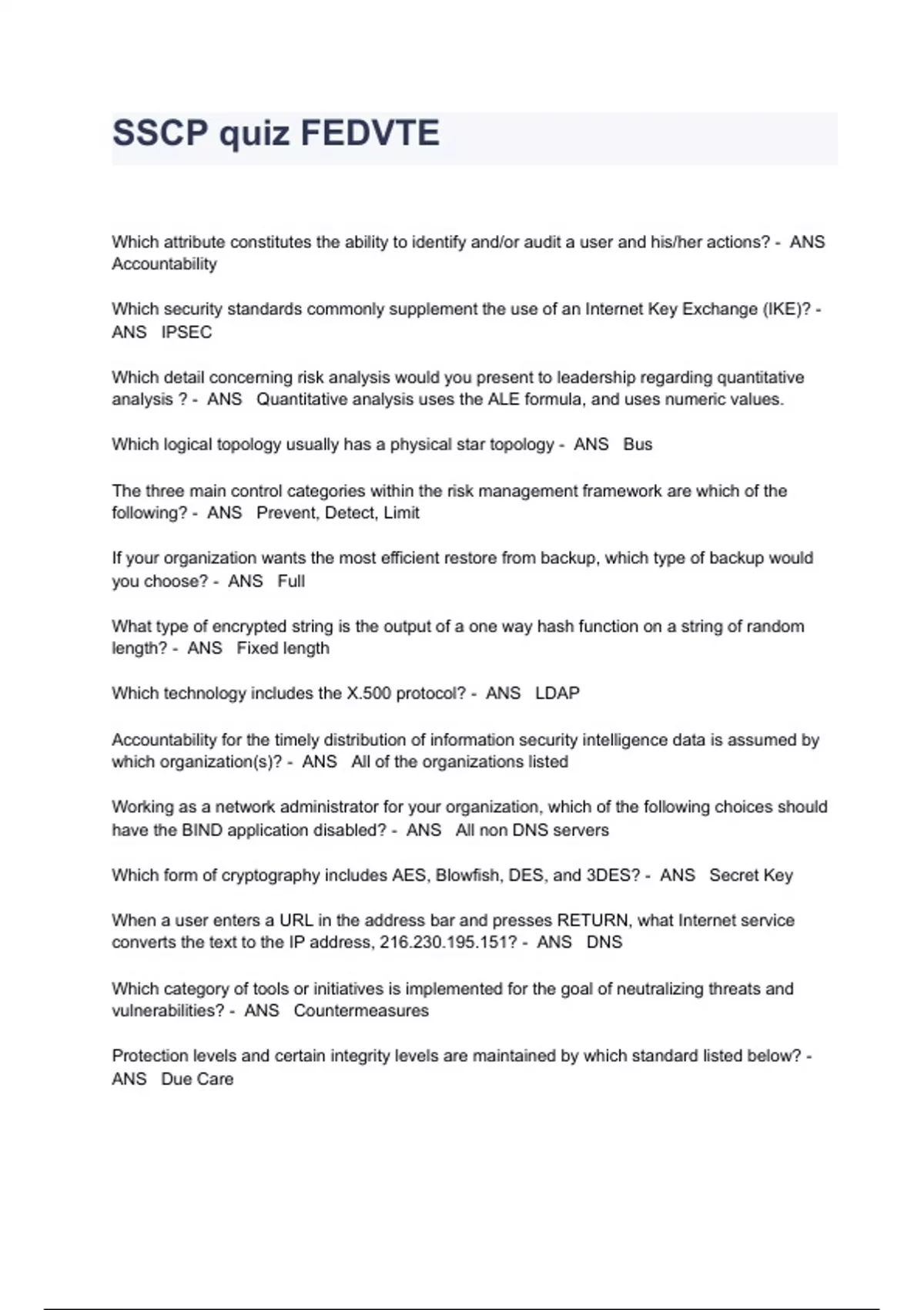 SSCP QUIZ FEDVTE EXAM QUESTIONS WITH SOLUTIONS COMBINED PACKAGE DEALS ...