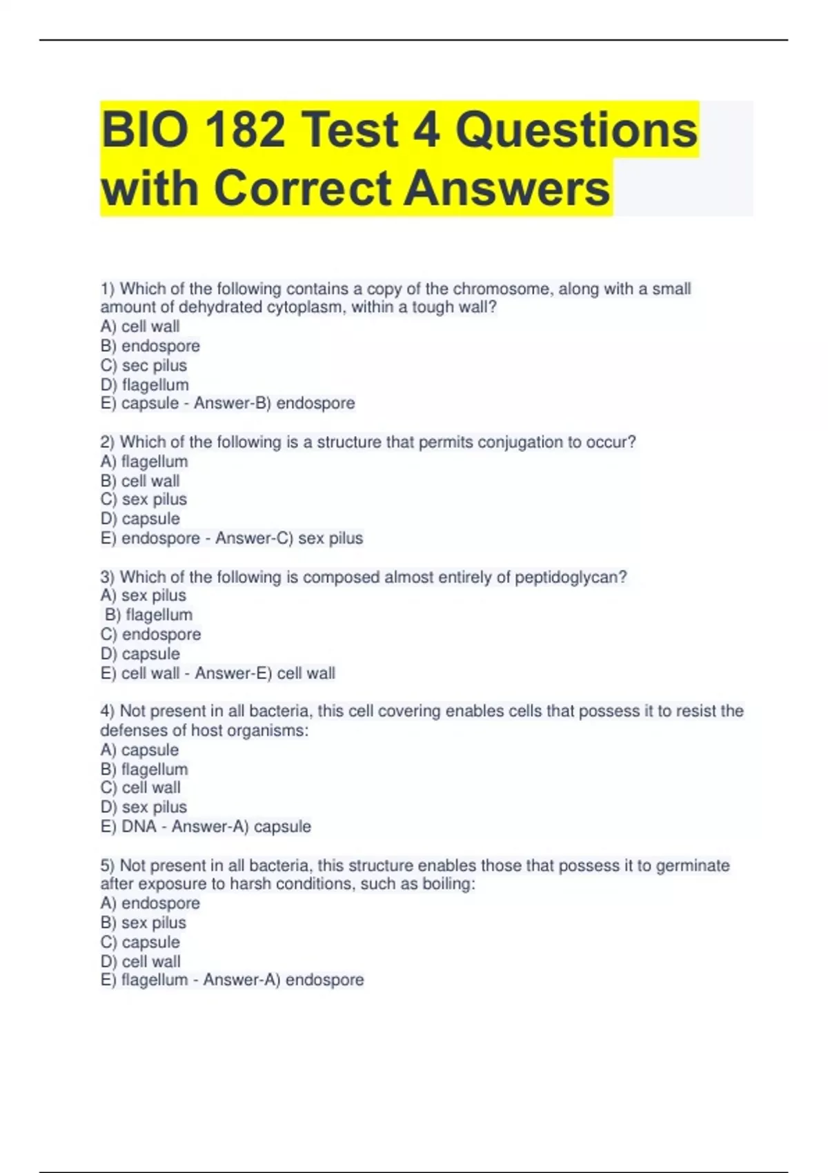 BIO 182 Test 4 Questions with Correct Answers - BIO 182 - Stuvia US