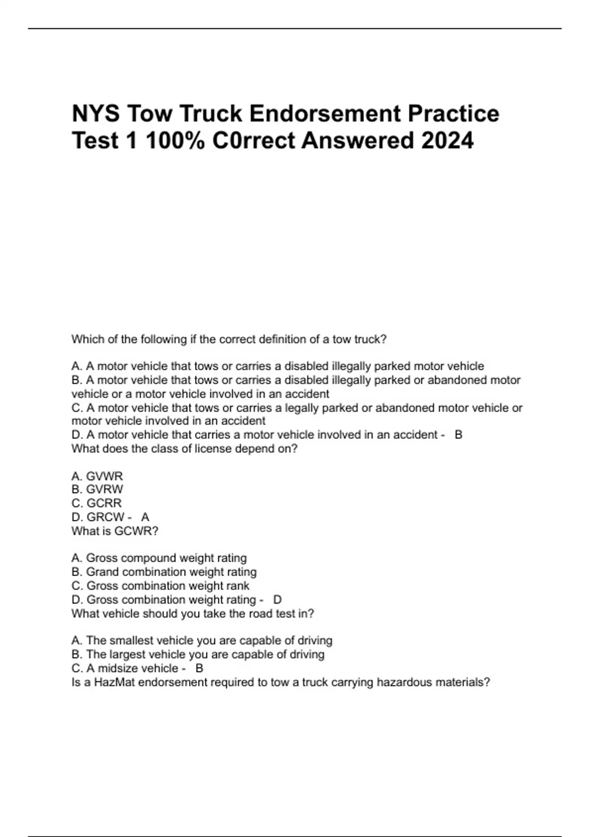 NYS Tow Truck Endorsement Practice Test 1 100% C0rrect Answered 2024 ...