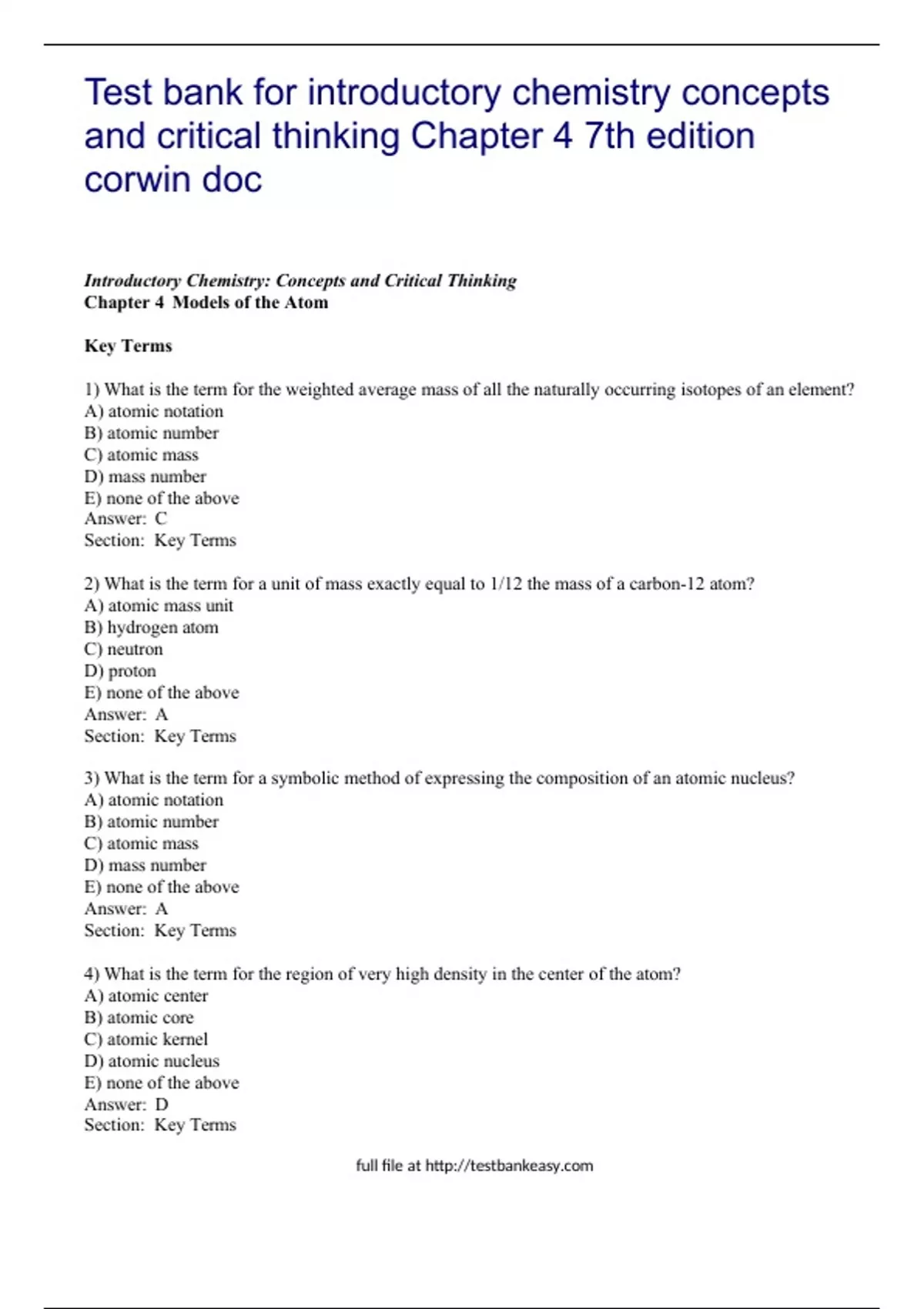 Test bank for introductory chemistry concepts and critical thinking ...