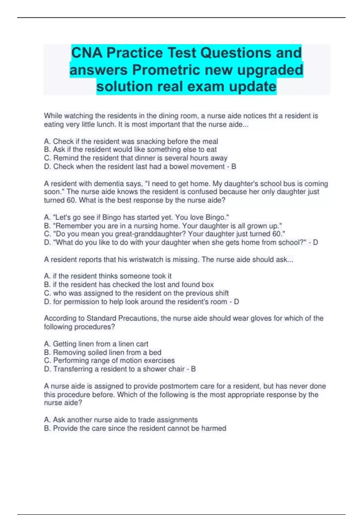 PACKAGE DEAL FOR CNA PRACTICE QUESTIONS AND ANSWERS SOLVED CORRECTLY ...