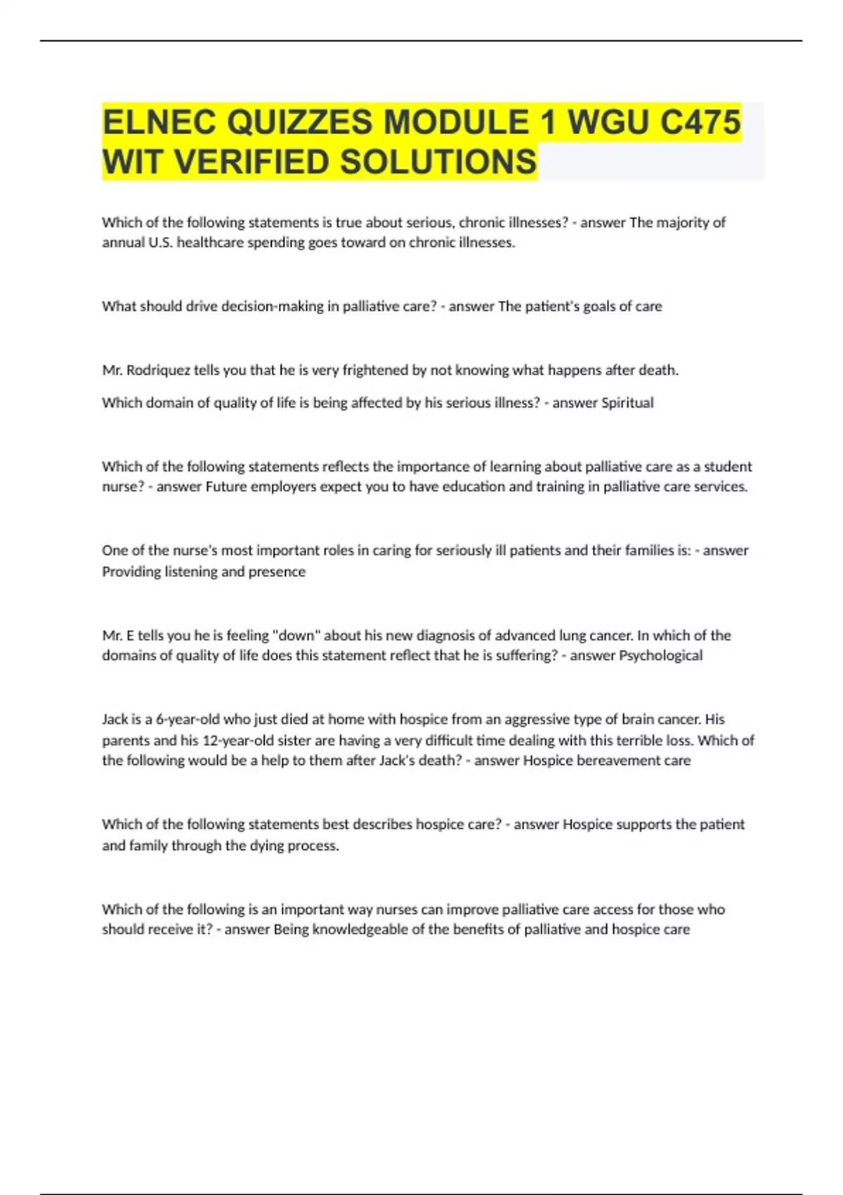 WGU C475 END OF LIFE NURSING EDUCATION-ELNEC EXAMINATION BUNDLE - Stuvia US