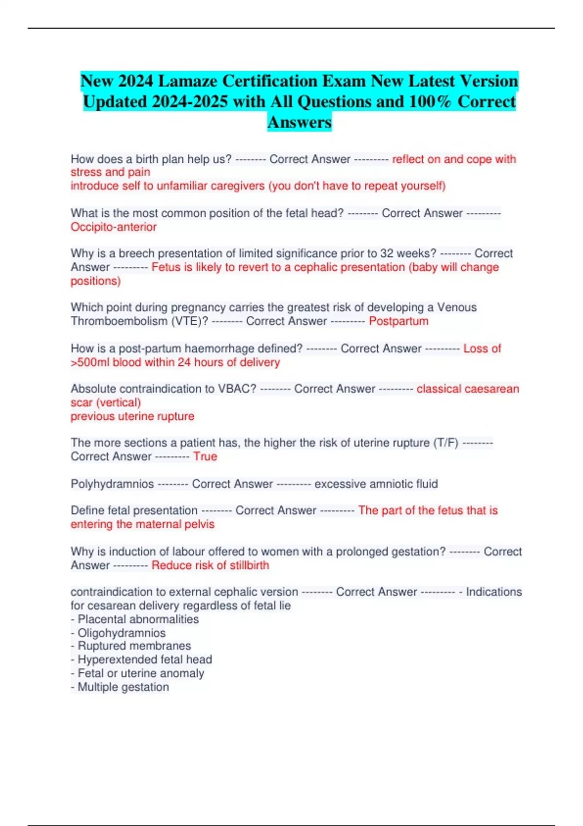 New 2024 Lamaze Certification Exam New Latest Version Updated with All ...
