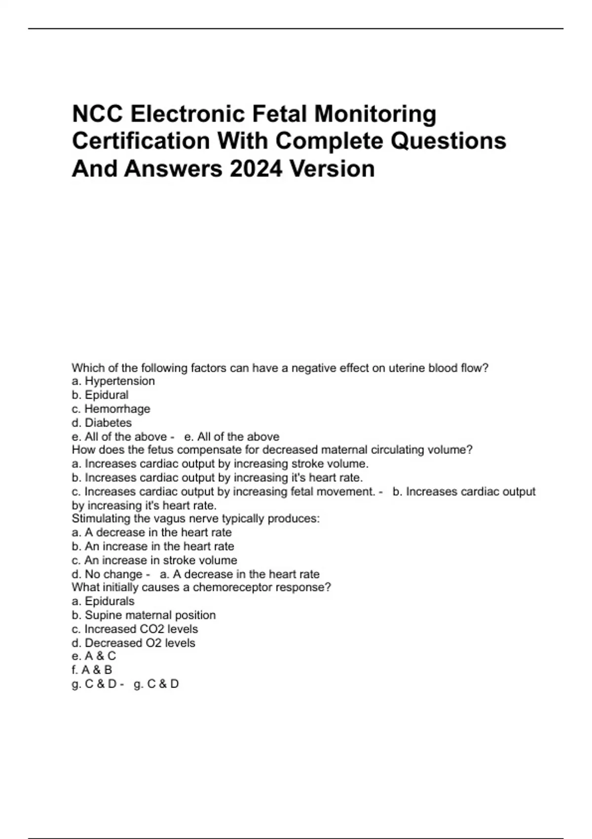 NCC Electronic Fetal Monitoring Certification With Complete Questions And Answers 2024 Version ...