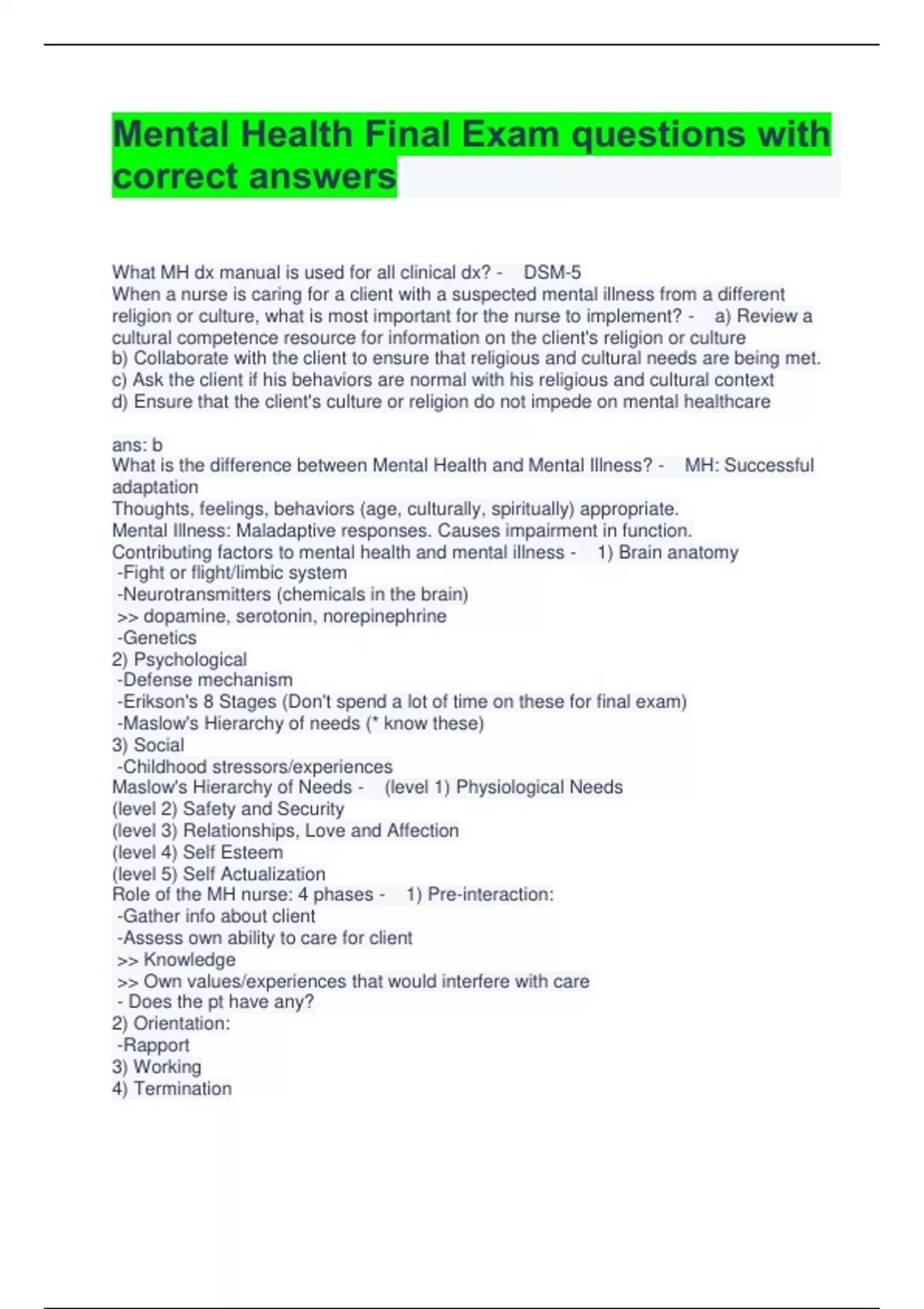 Mental Health Final Exam questions with correct answers - Mental health ...