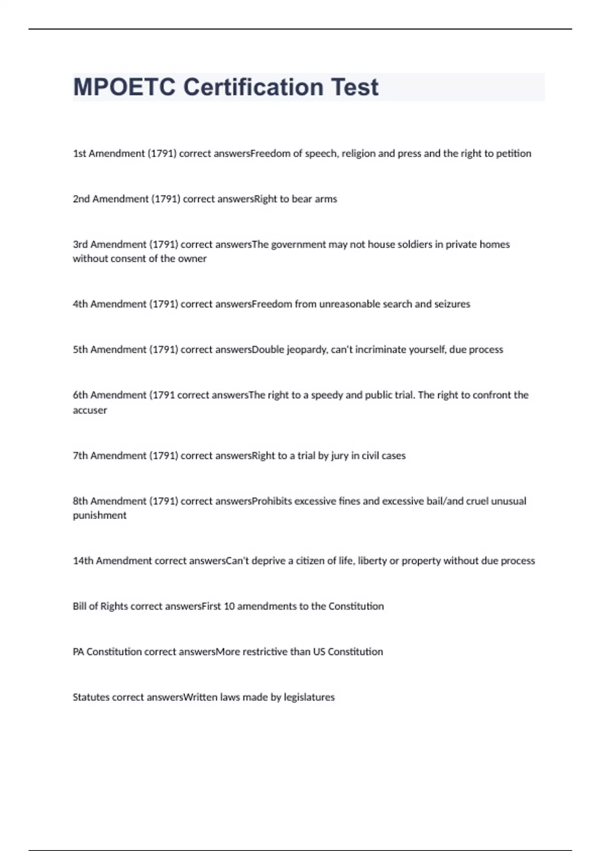 MPOETC Certification Test 2024 with 100% correct answers - MPOETC ...