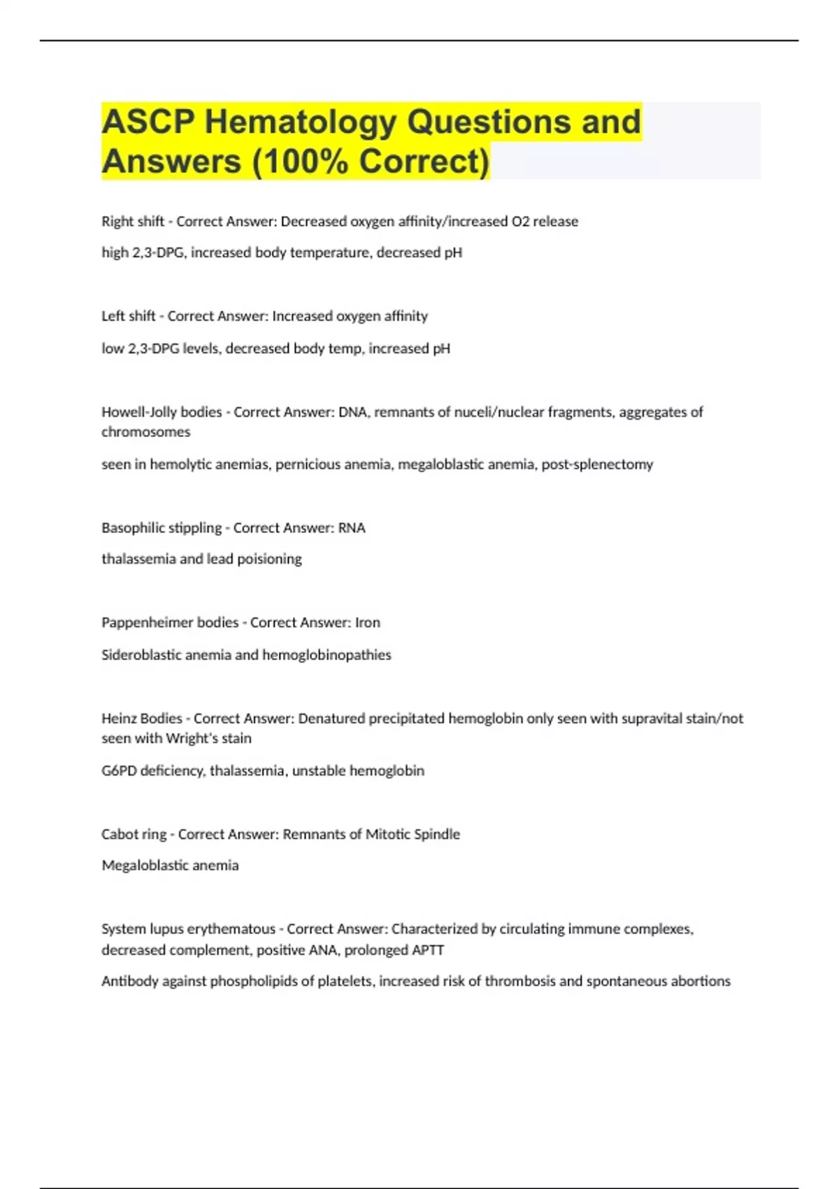 ASCP Hematology Questions and Answers (100% Correct) - ASCP - Stuvia US