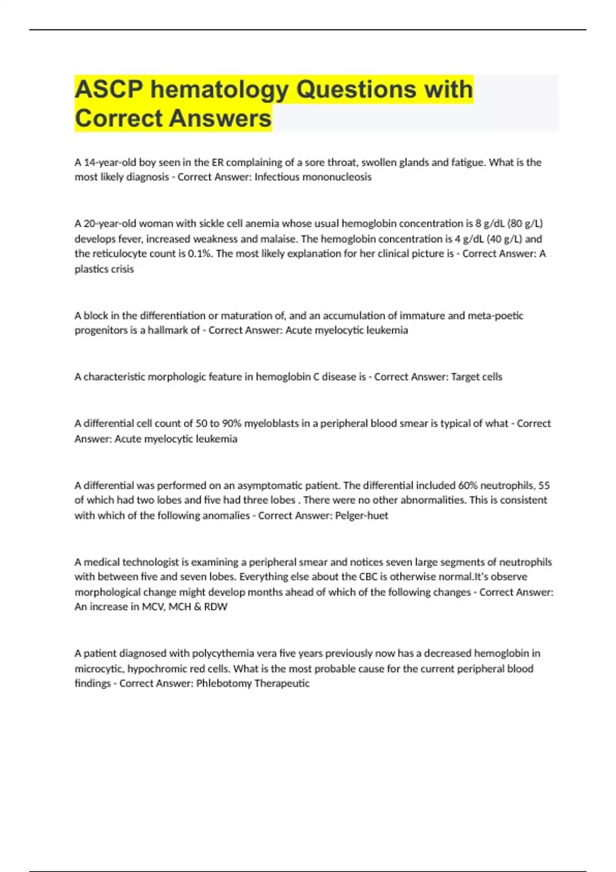 ASCP hematology Questions with Correct Answers. - ASCP - Stuvia US