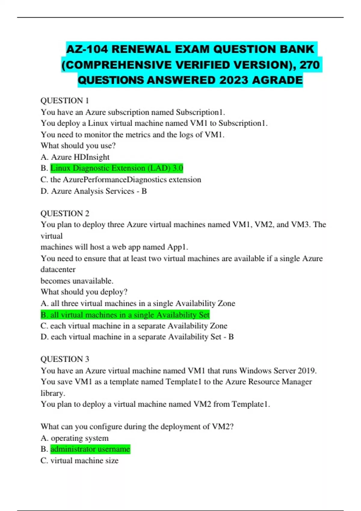 AZ-104 RENEWAL EXAM QUESTION BANK (COMPREHENSIVE VERIFIED VERSION), 270 ...