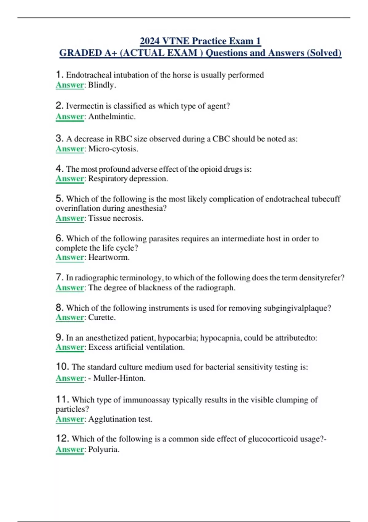 2024 VTNE Practice Exam 1 - 3 | GRADED A+ (ACTUAL EXAM ) Questions and ...