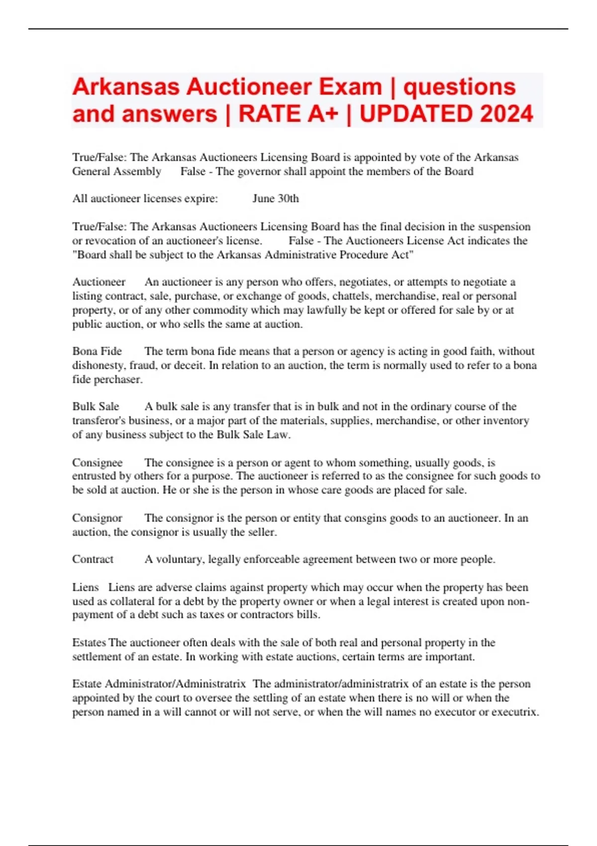 Arkansas Auctioneer Exam | questions and answers | RATE A+ | UPDATED ...