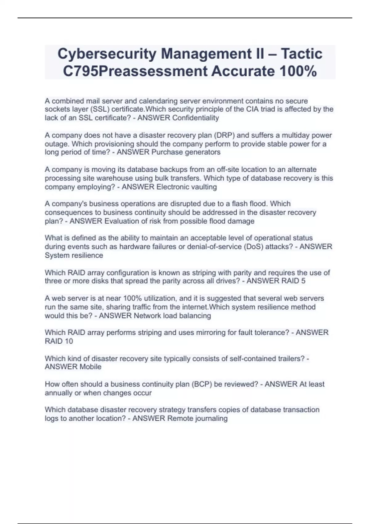 Cybersecurity Management II – Tactic C795Preassessment Accurate 100% ...