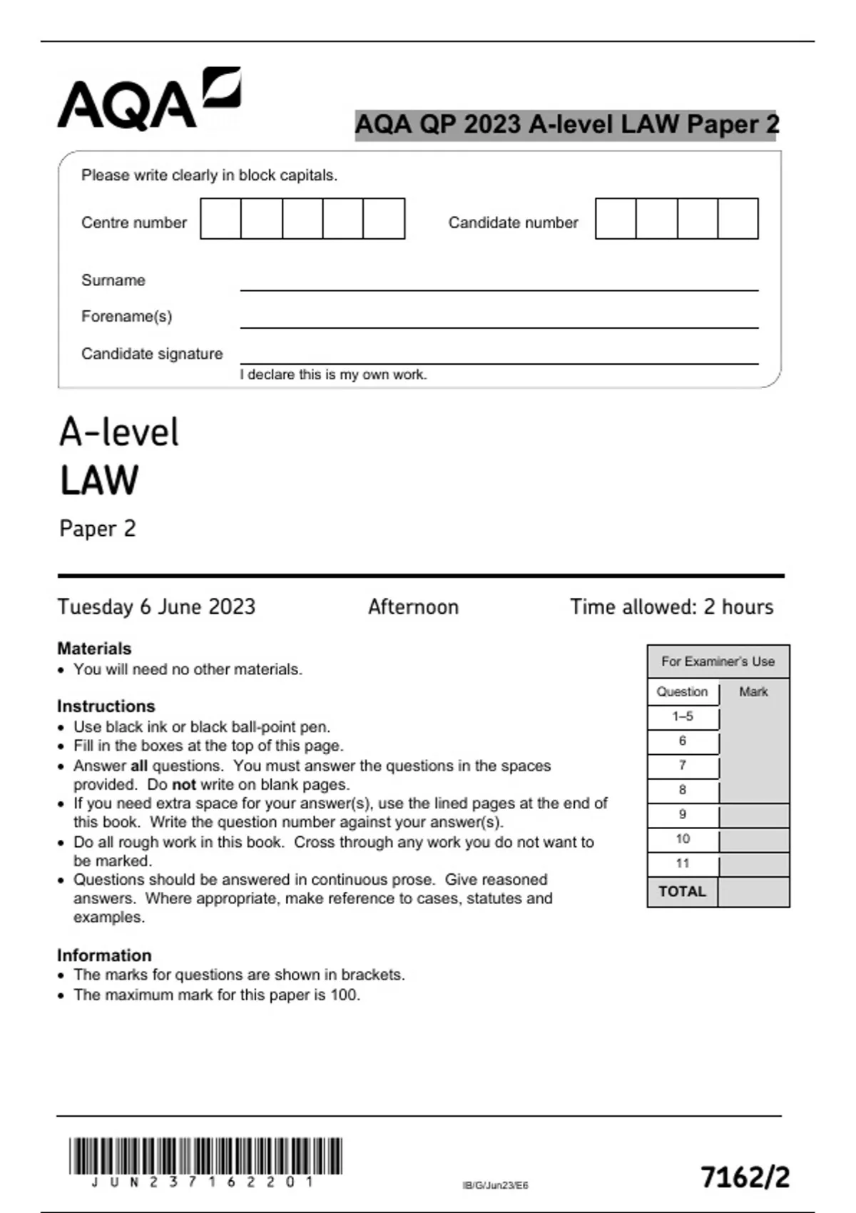 AQA QP 2023 A-level LAW Paper 2 - LAW - Stuvia US