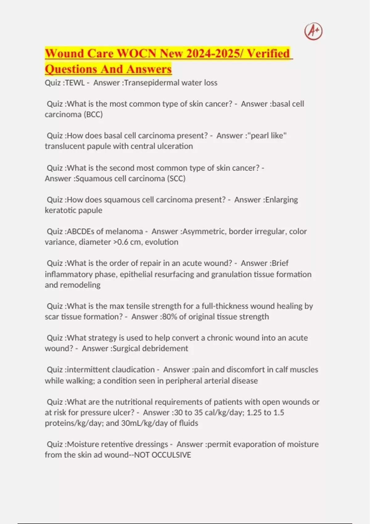 Wound Care WOCN New / Verified Questions And Answers - Wound Care WOCN ...