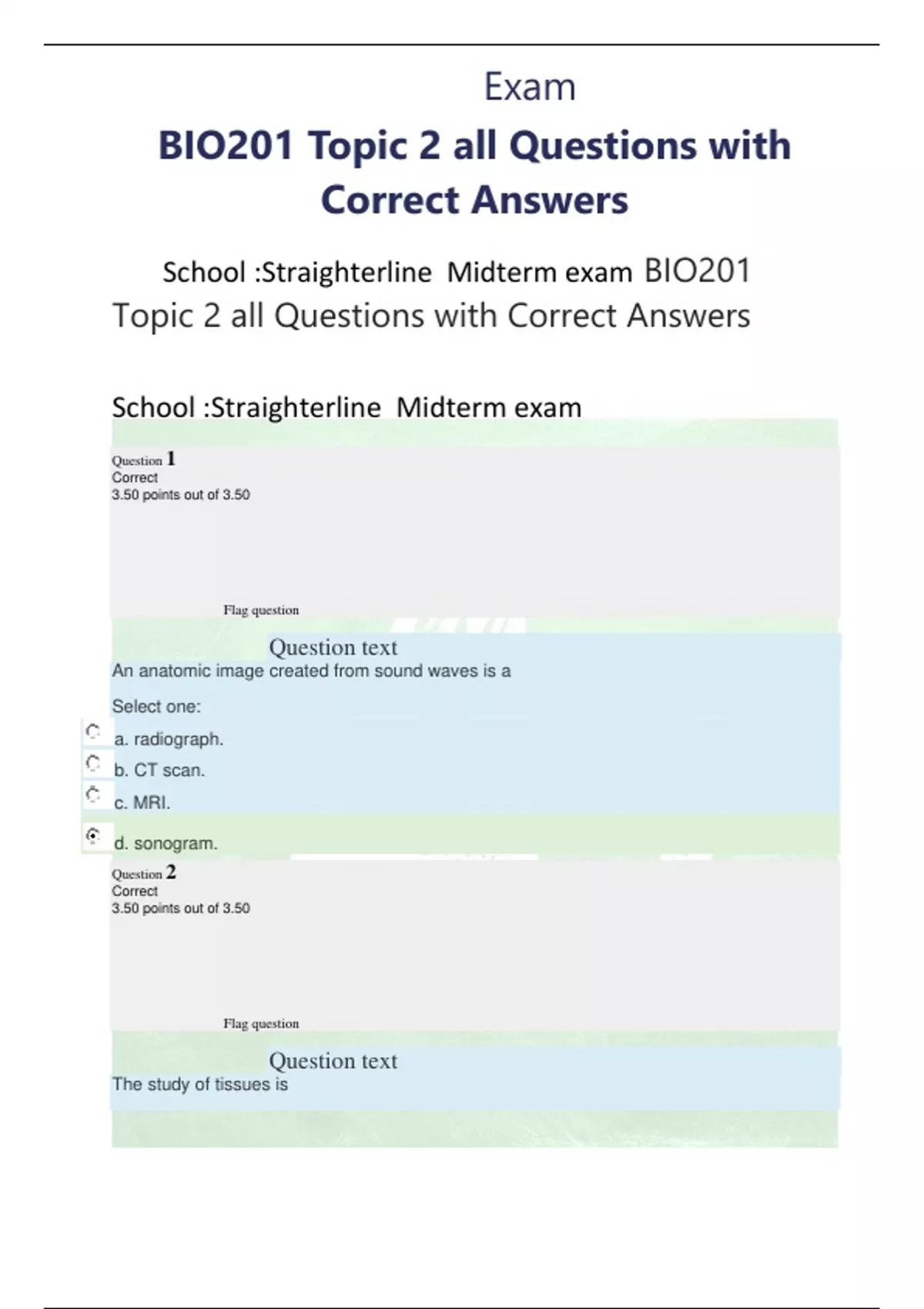 BIO201 Topic 2 all Questions with Correct Answers School ...