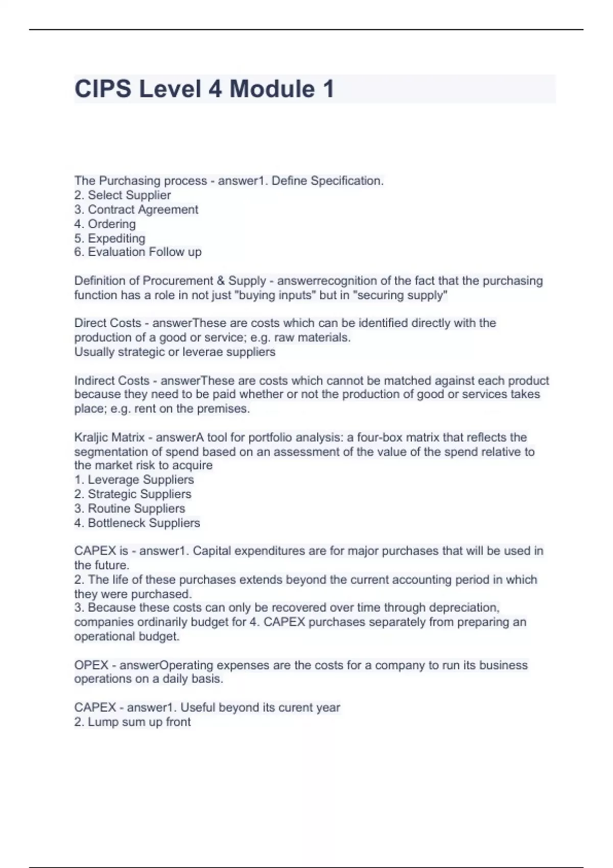 CIPS Level 4 Module 1 Questions and Answers 100% Verified - CIPS - Stuvia US