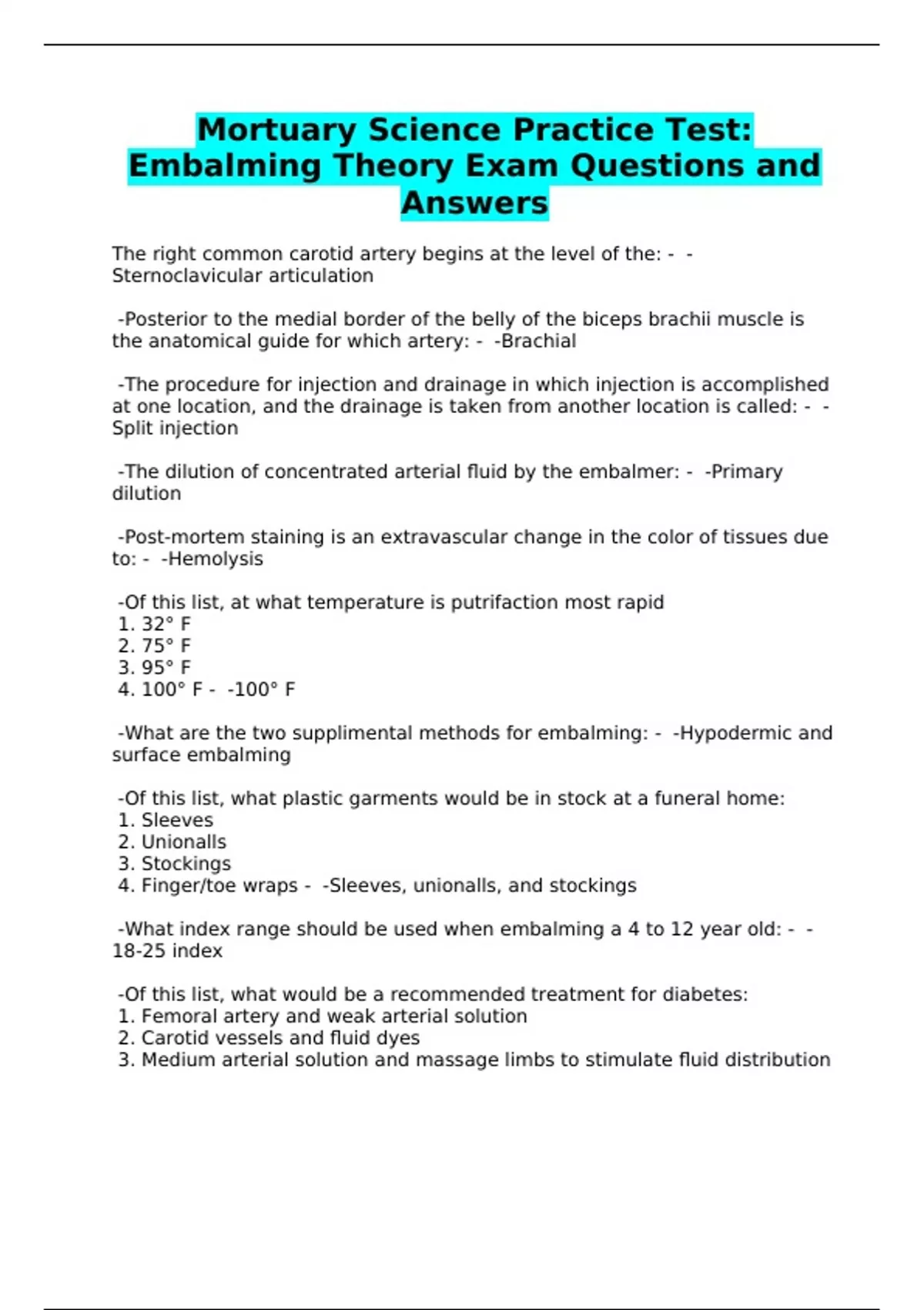 Mortuary Science Practice Test: Embalming Theory Exam Questions and ...