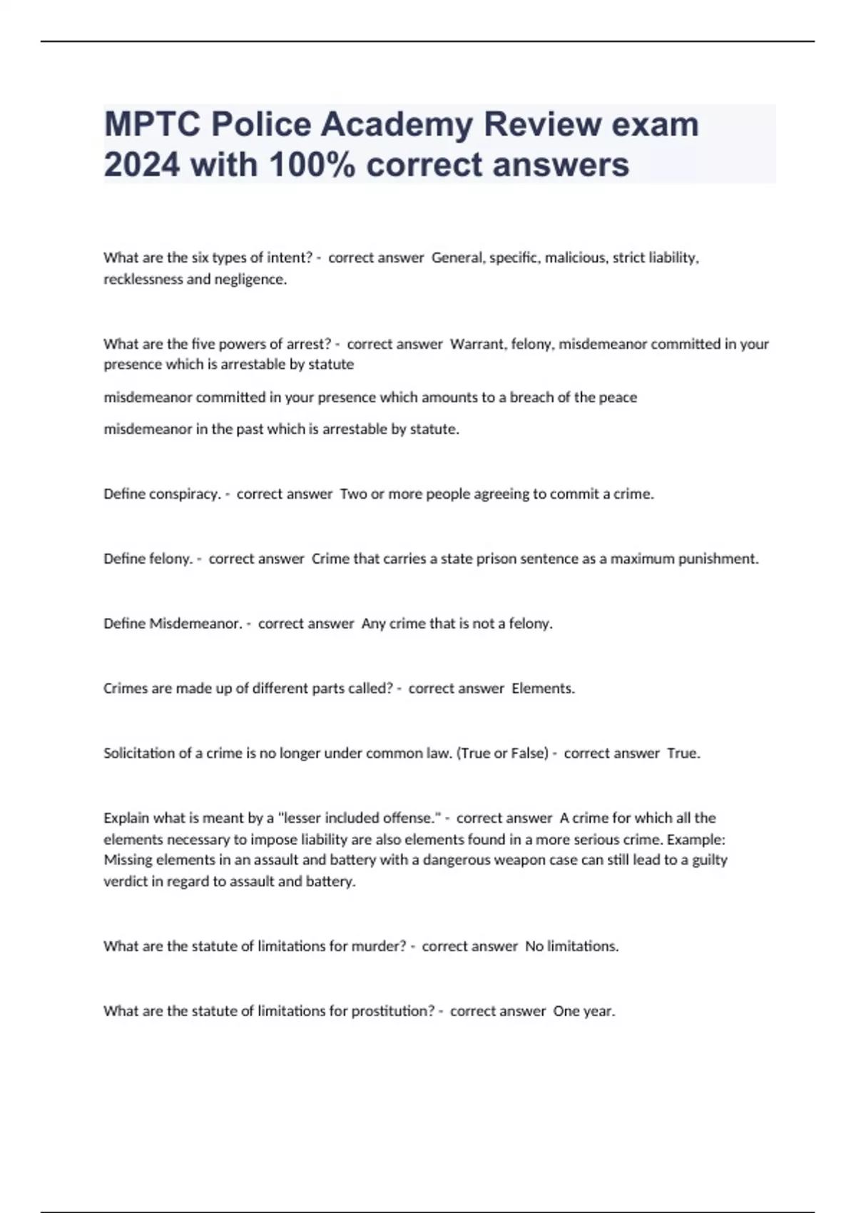 MPTC Police Academy Review exam 2024 with 100% correct answers - MPTC ...