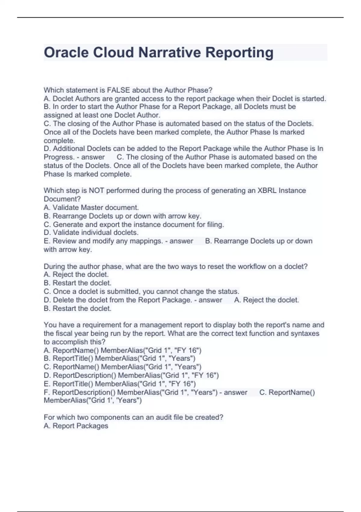 Oracle Cloud Narrative Reporting Questions and Answers solved 2024 - EPMA - Stuvia US