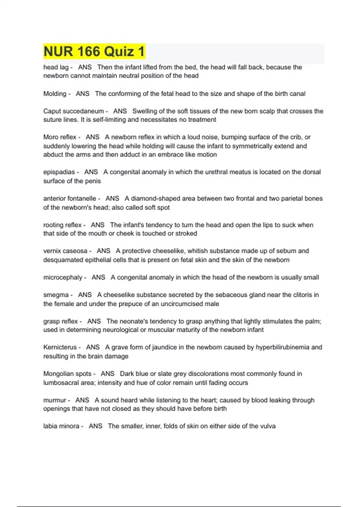 NUR 166 Quiz 1 Exam QUESTIONS & ANSWERS 2024( A+ GRADED 100% VERIFIED ...