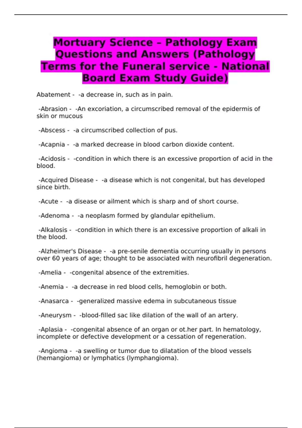 Mortuary Science – Pathology Exam Questions and Answers (Pathology ...