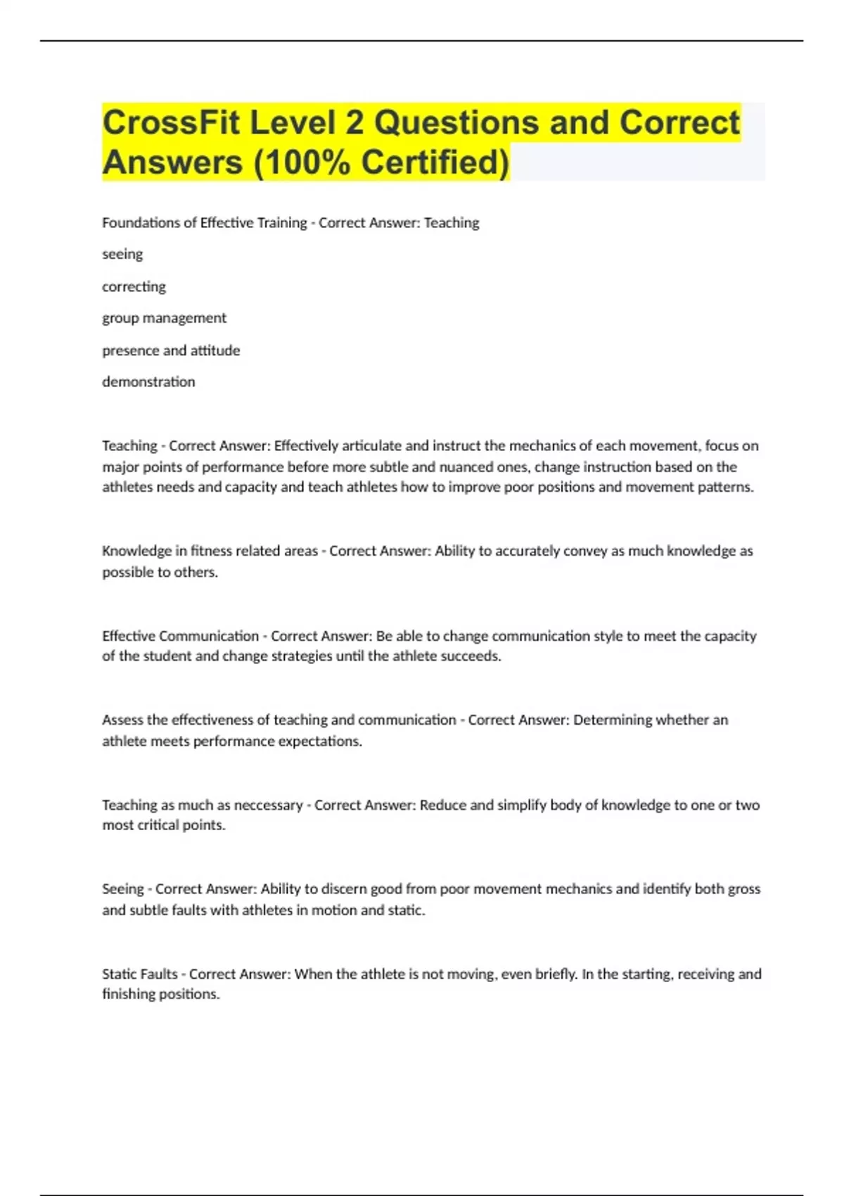 CrossFit Level 2 Questions and Correct Answers (100% Certified ...