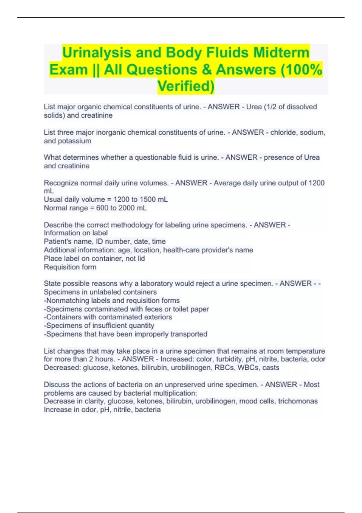 Urinalysis and Body Fluids Midterm Exam || All Questions & Answers (100 ...