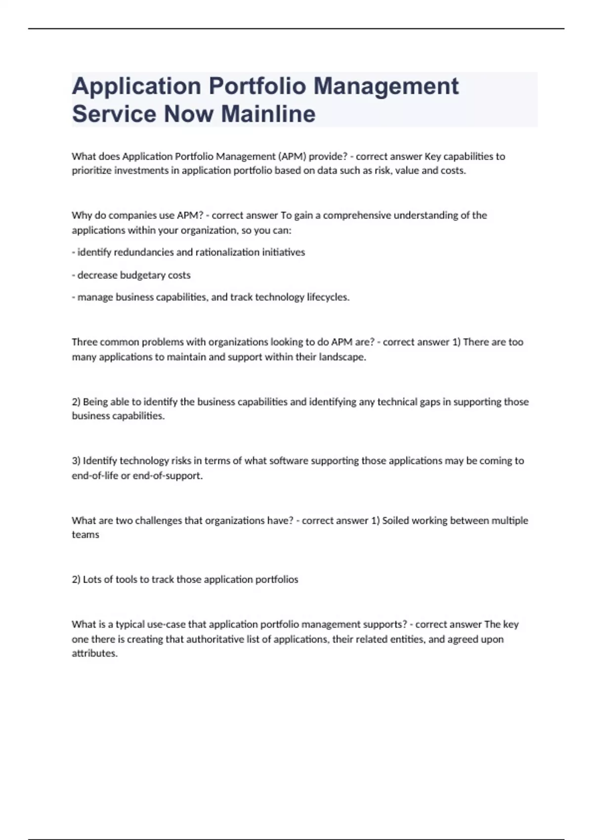 Application Portfolio Management Service Now Mainline correctly ...