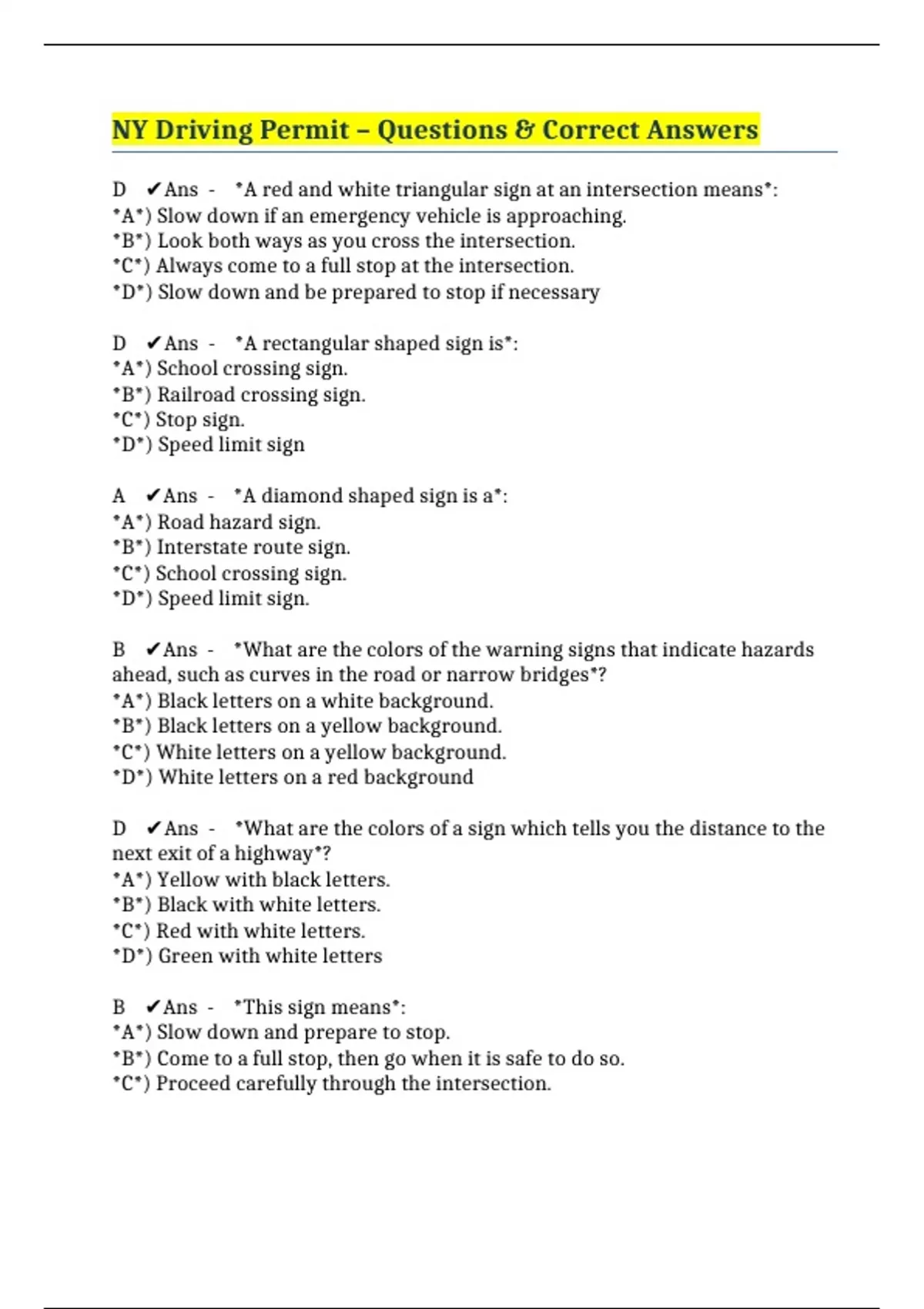 NY Driving Permit – Questions & Correct Answers - NYS DRIVERS PERMIT ...