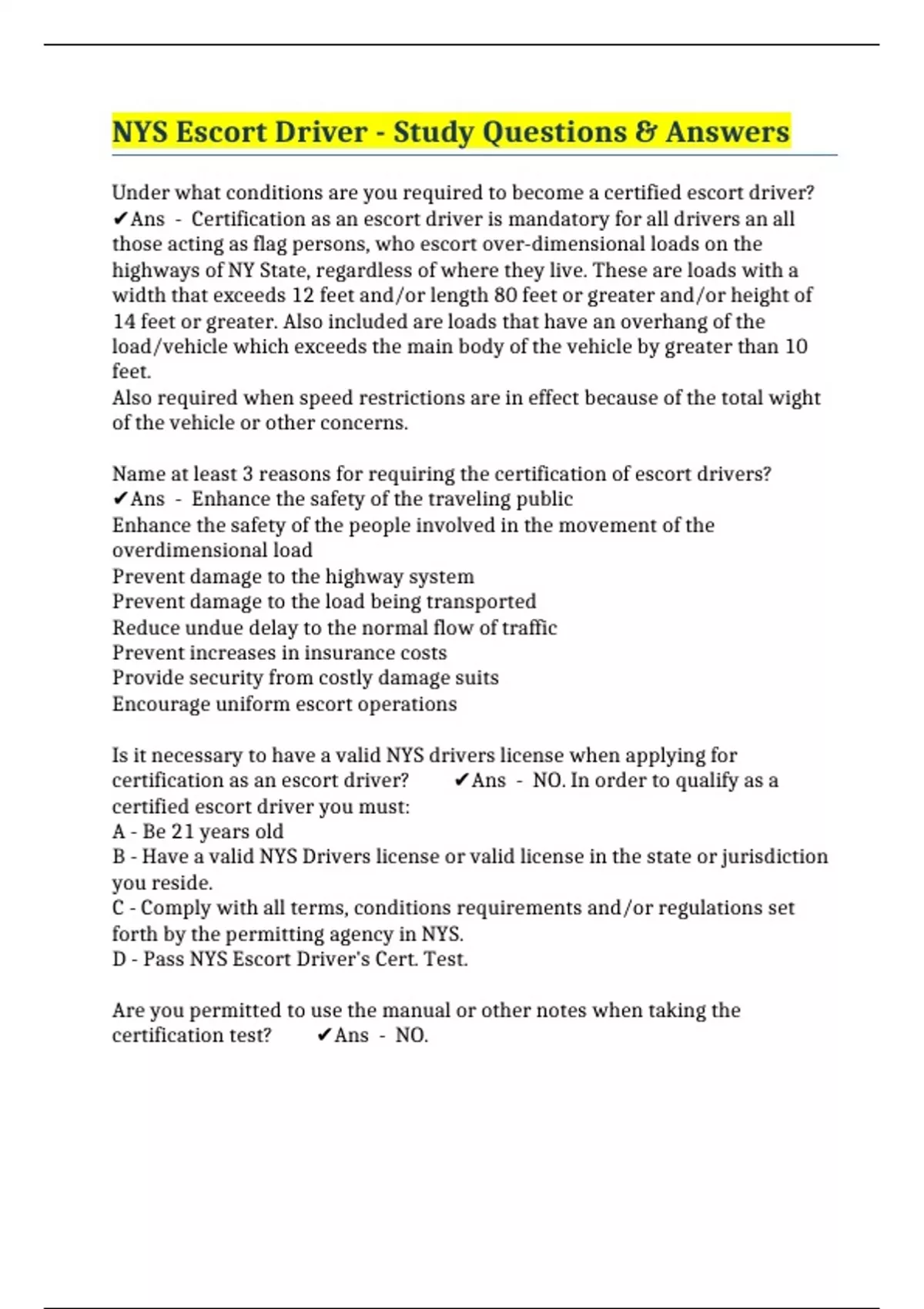 NYS Escort Driver - Study Questions & Answers - NYS DRIVERS PERMIT ...