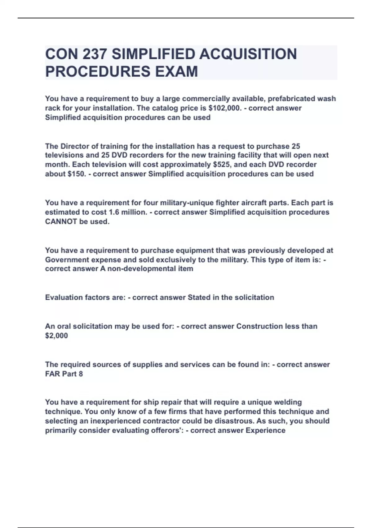 CON 237 SIMPLIFIED ACQUISITION PROCEDURES EXAM - CON 237 - Stuvia US