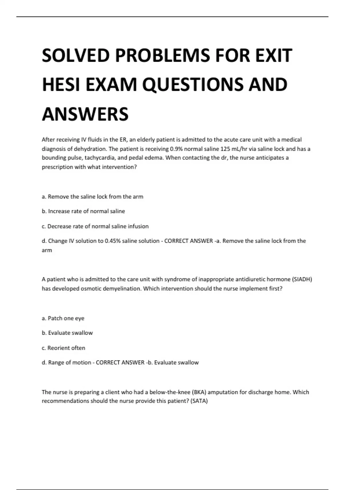 SOLVED PROBLEMS FOR EXIT HESI EXAM QUESTIONS AND ANSWERS - Hesi - Stuvia US