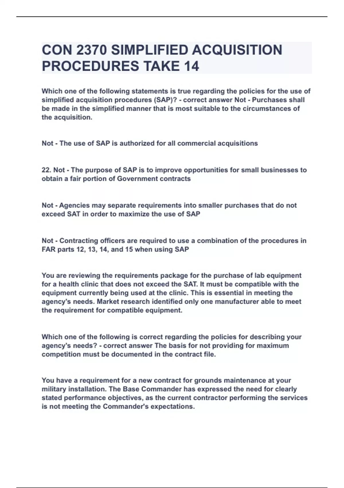 CON 2370 SIMPLIFIED ACQUISITION PROCEDURES TAKE 14 question bank with ...