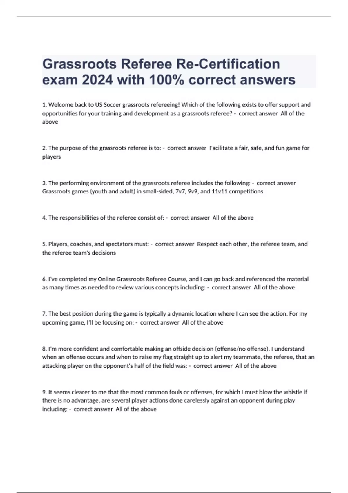 Grassroots Referee Re-Certification exam 2024 with 100% correct answers ...